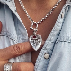 Abstract Heart Shackle Necklace - Chunky Silver Chain Evil Eye Pendant ...