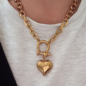Chunky Gold Heart Shackle Necklace - Plated Stainless Steel Curb Chain ...
