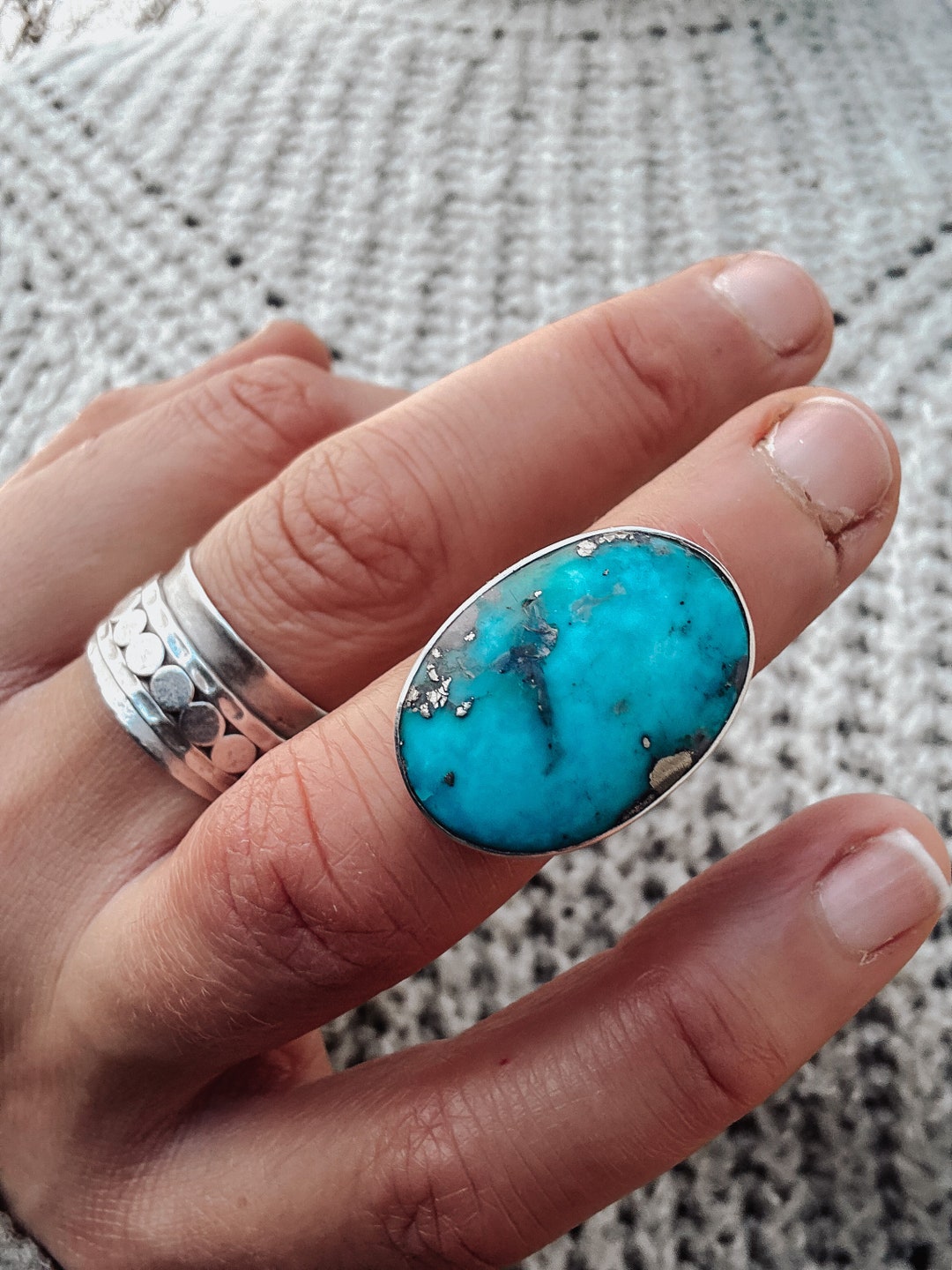 Huge Pyrite Turquoise Ring - Large Oval Turquoise Statement Ring, Size ...