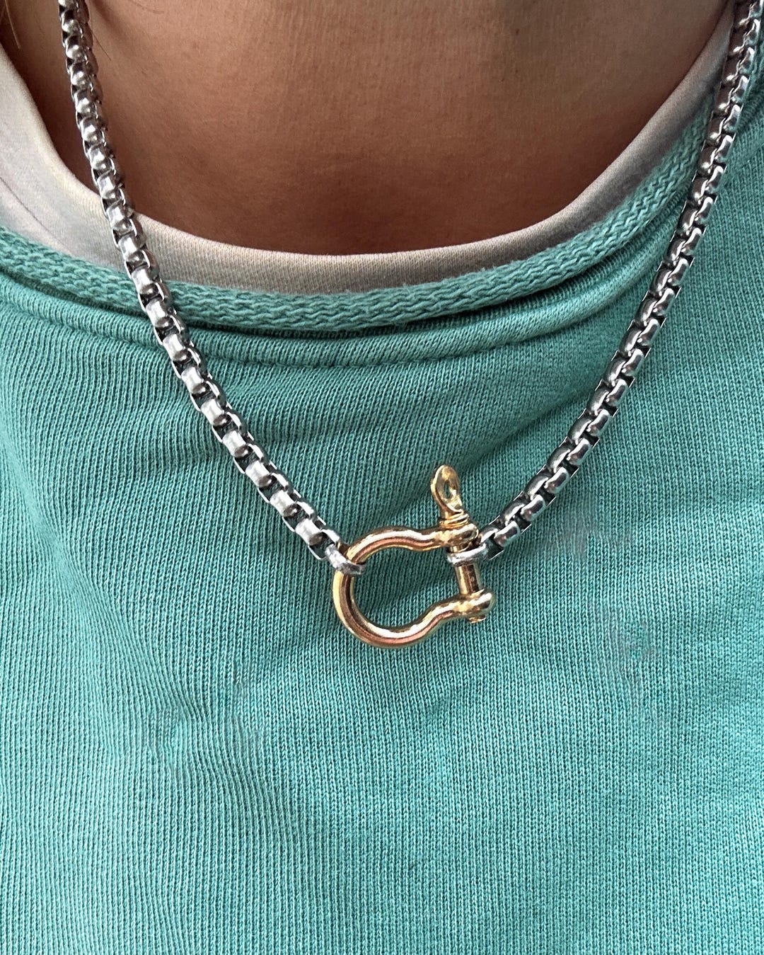 Box Chain Shackle Necklace - Mixed Metal Chain Choker, Silver Chain ...