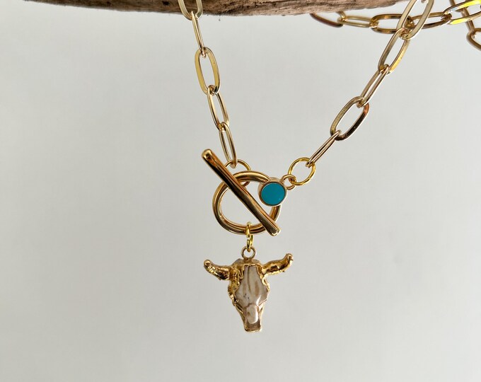 Gold Bull Head T Bar Necklace - Gold Plated Paper Clip Chain ...