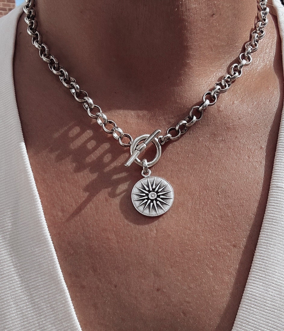 Sunburst Medallion Necklace T Bar Silver Chain Aztec Coin Pendant Layering Disc Necklace