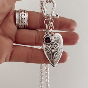 Abstract Heart Shackle Necklace - Chunky Silver Chain Evil Eye Pendant ...