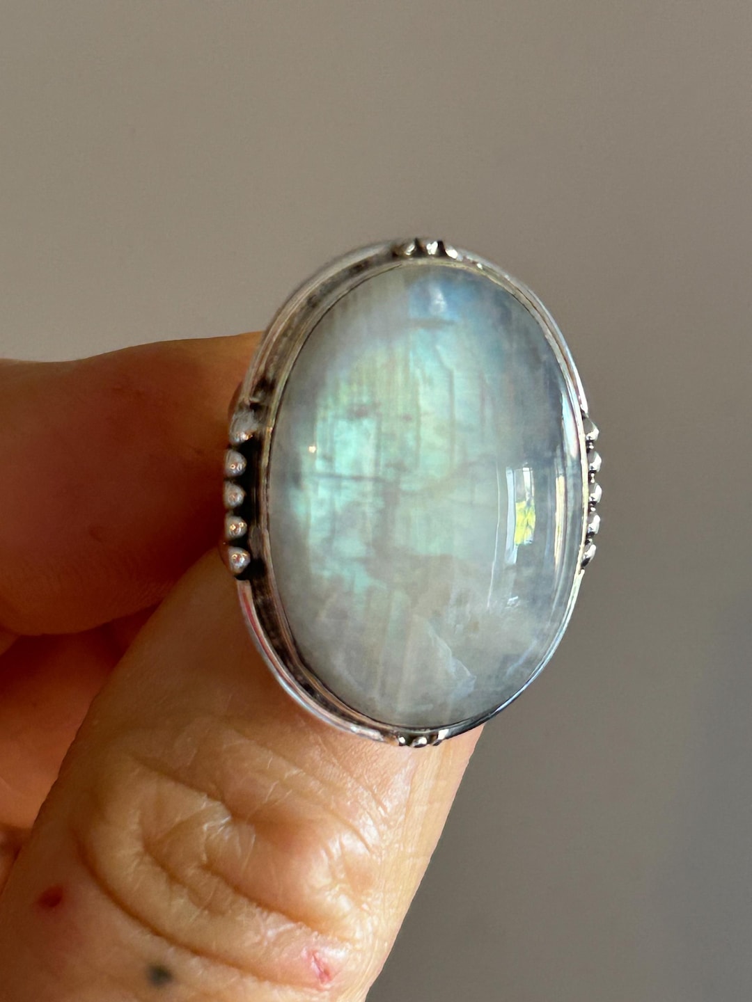 Moonstone Statement Ring Size N: Blue Flash Oval Moonstone, Triple Band ...