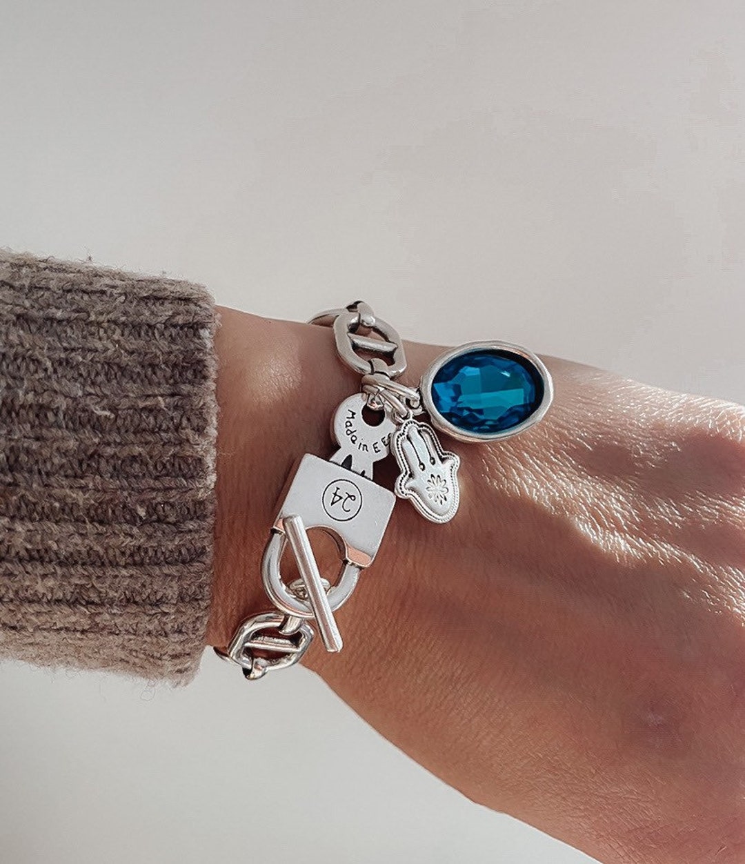 Chunky Blue Crystal Hawser Link Bracelet - Lock Clasp Chain Bracelet ...