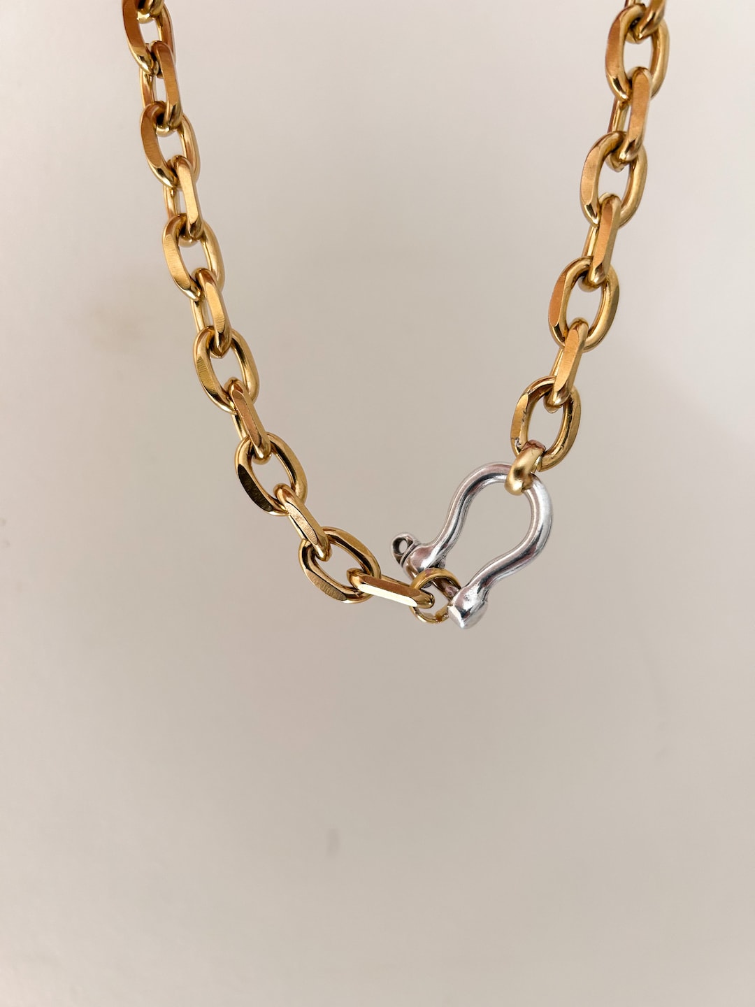 Mixed Metal Shackle Necklace Chunky Gold Chain Choker, Two Tone ...