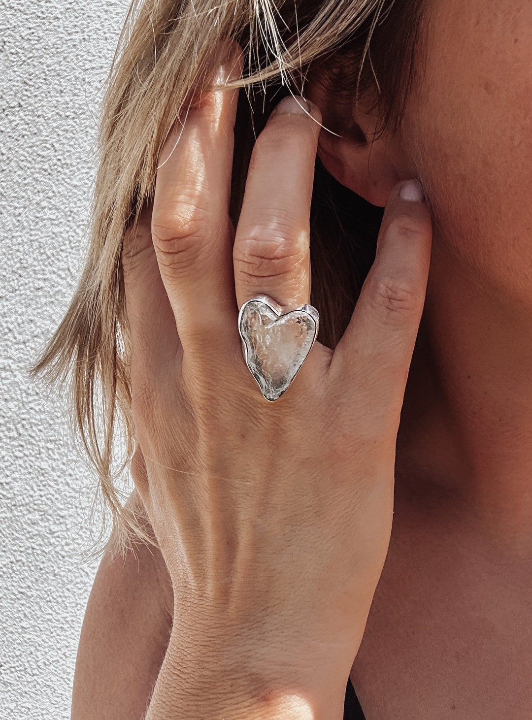 Misshapen Heart Raw Quartz Ring - Chunky Quartz Ring, Sterling Silver Large Heart Ring, Natural ...