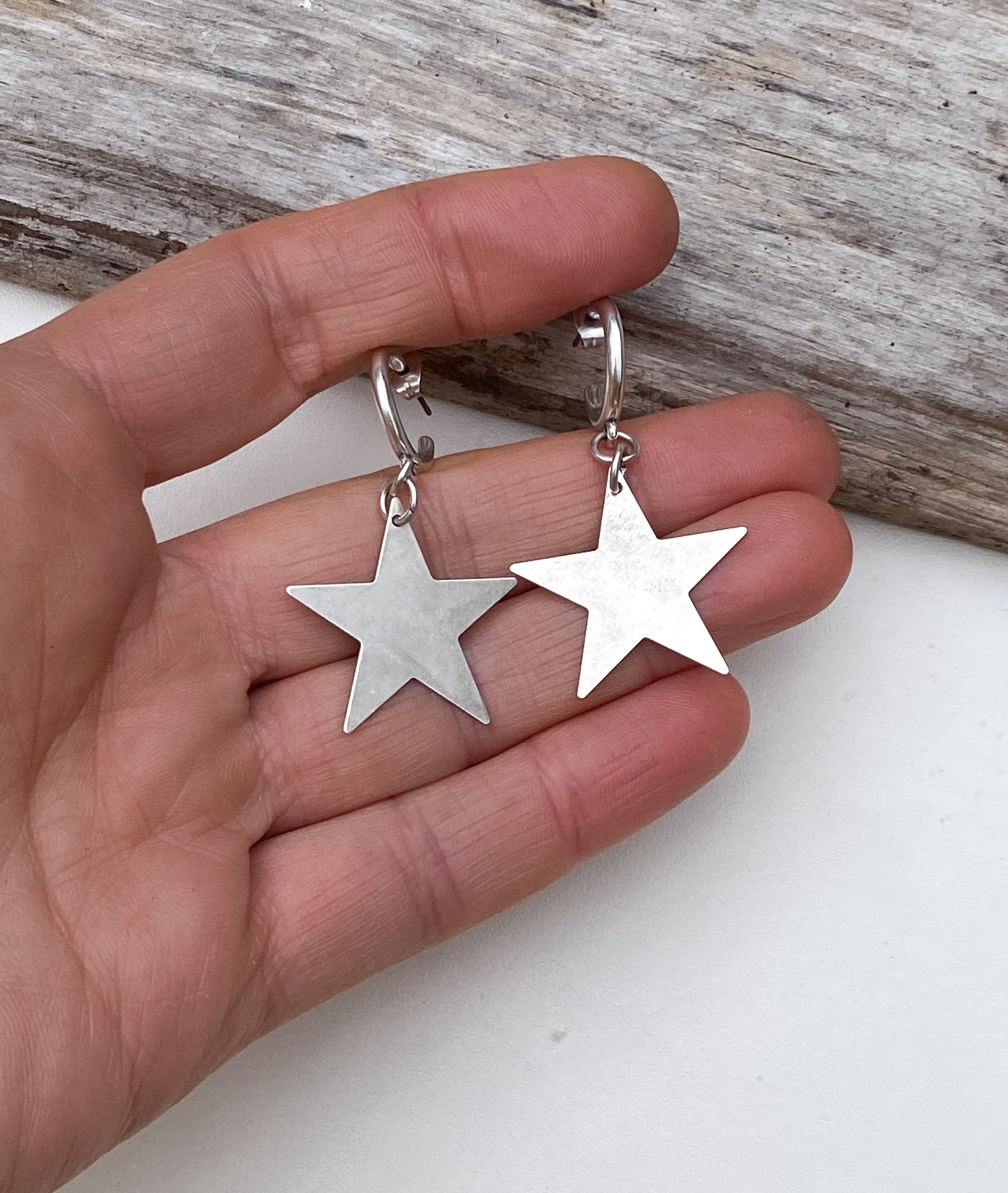 Silver Star Hoops - Large Star Hoop Earrings, Celestial Statement ...