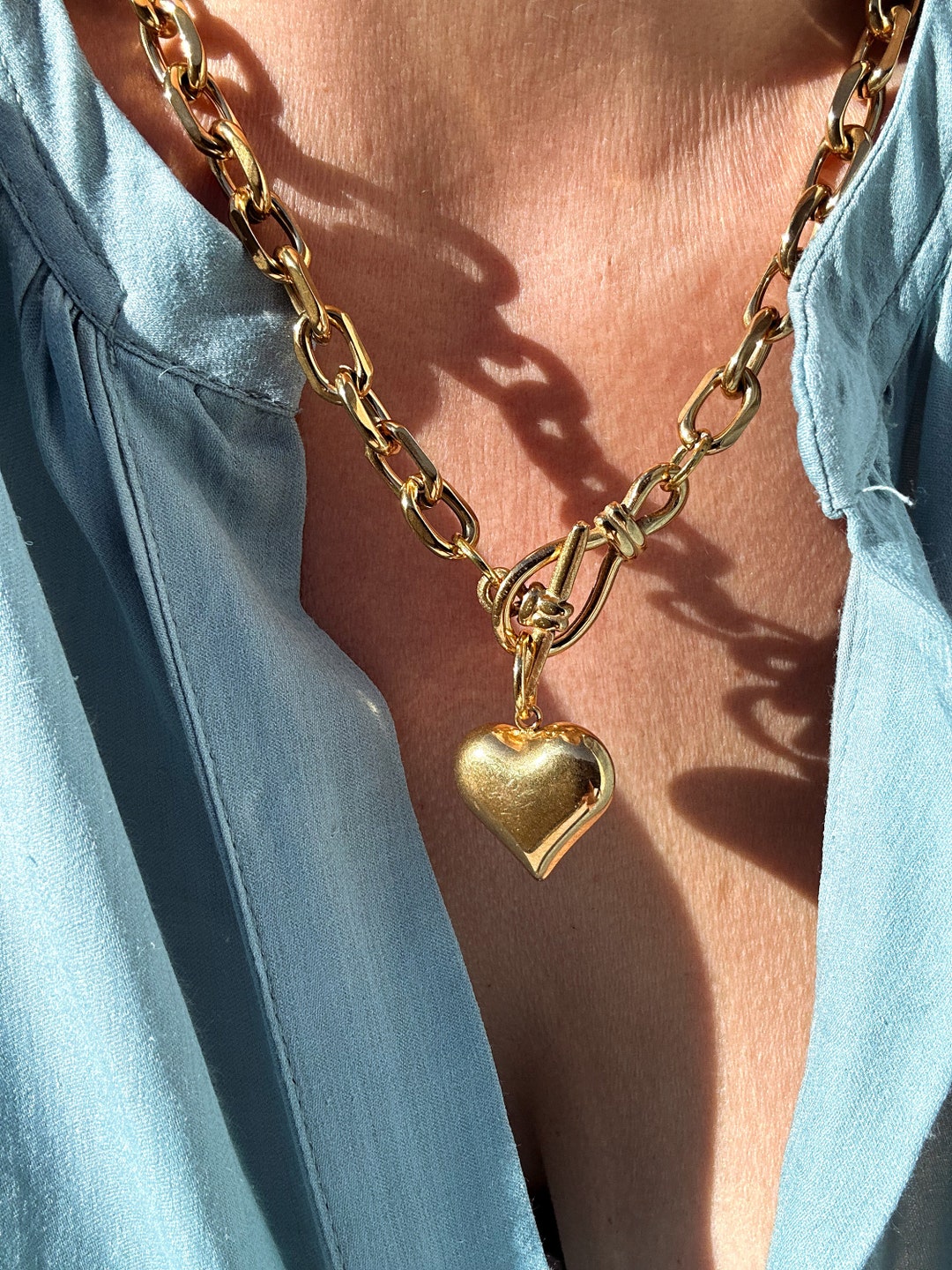 Chunky Gold Puff Heart Necklace - Puff Heart Pendant, Toggle Clasp ...