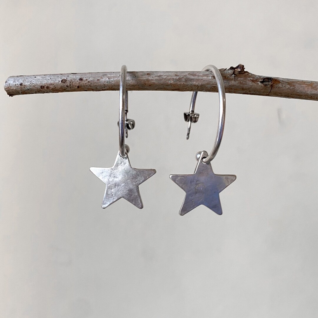 Lone Star Antique Silver Hoops - Star Charm Earrings, Star Themed Gift ...