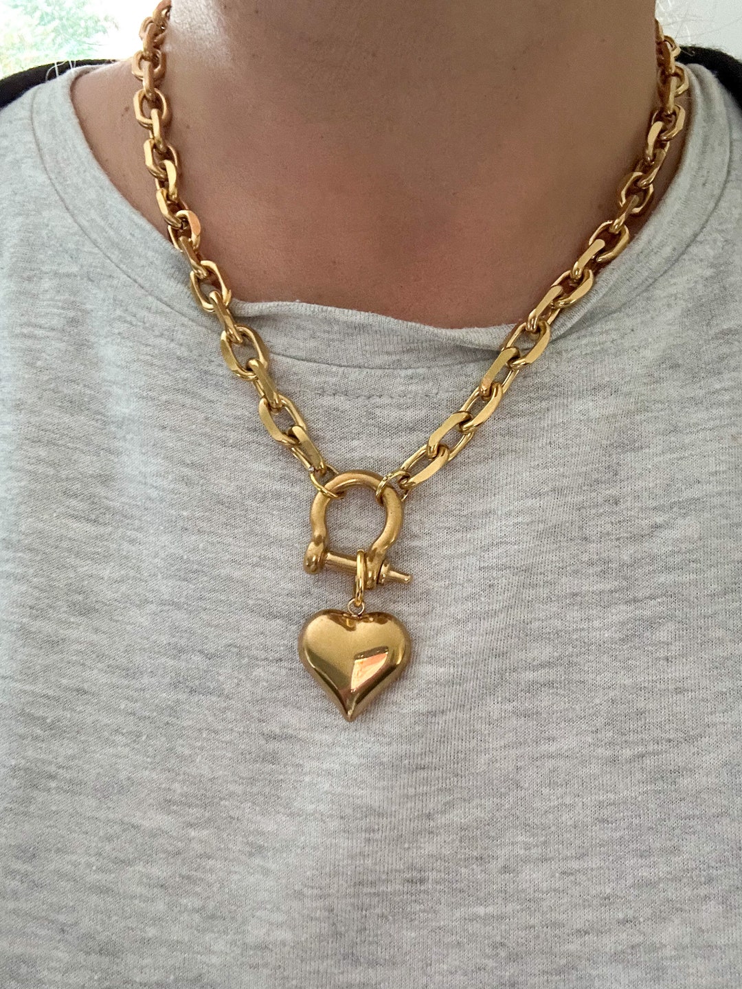 Chunky Gold Heart Shackle Necklace - Plated Stainless Steel Curb Chain ...