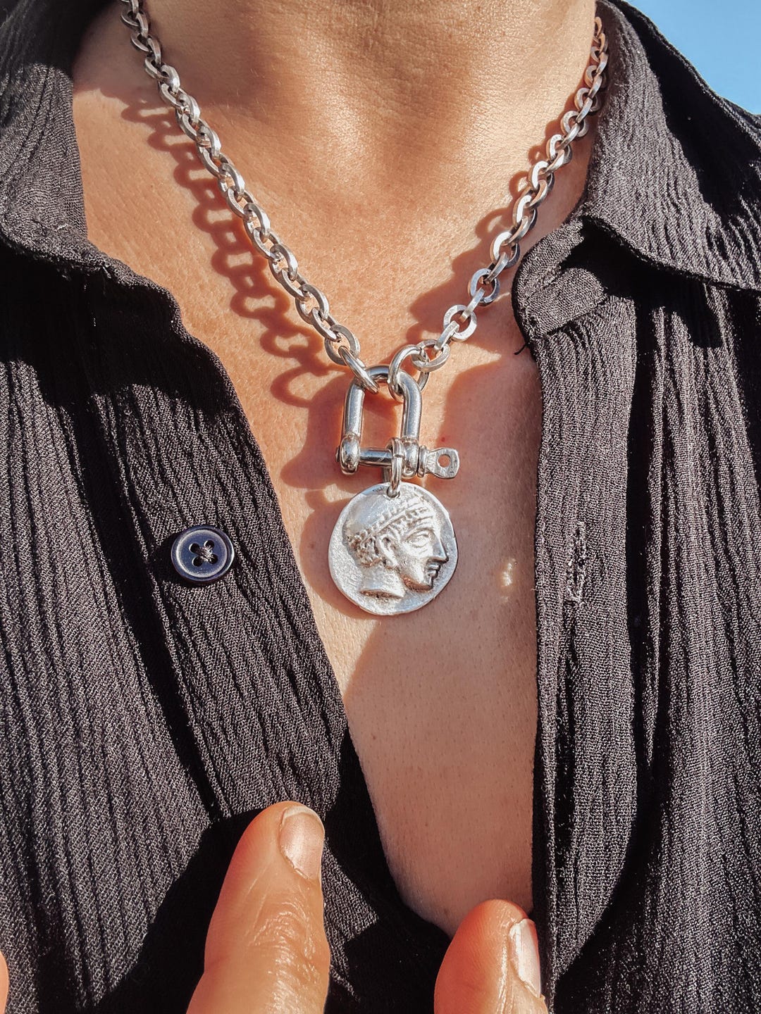 Greek Coin Inspired Shackle Necklace - Antique Silver Chunky Cable ...