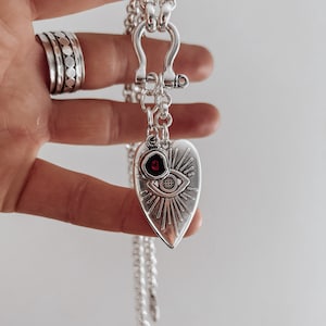 Abstract Heart Shackle Necklace - Chunky Silver Chain Evil Eye Pendant ...