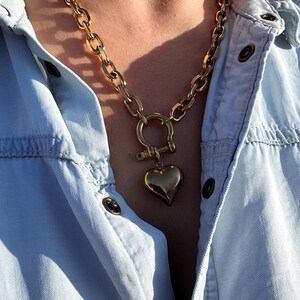 Chunky Gold Heart Shackle Necklace - Plated Stainless Steel Curb Chain ...