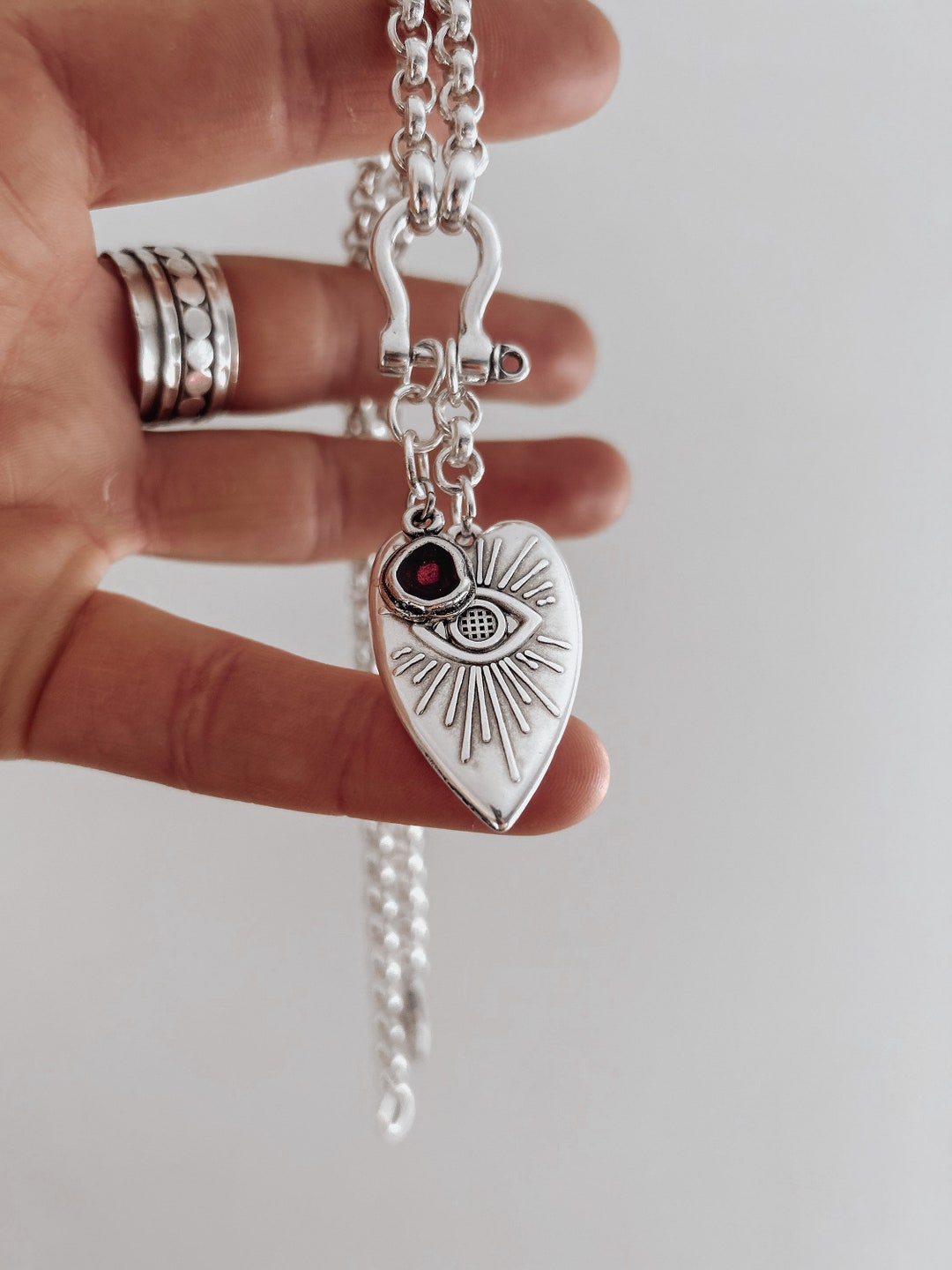 Abstract Heart Shackle Necklace - Chunky Silver Chain Evil Eye Pendant ...