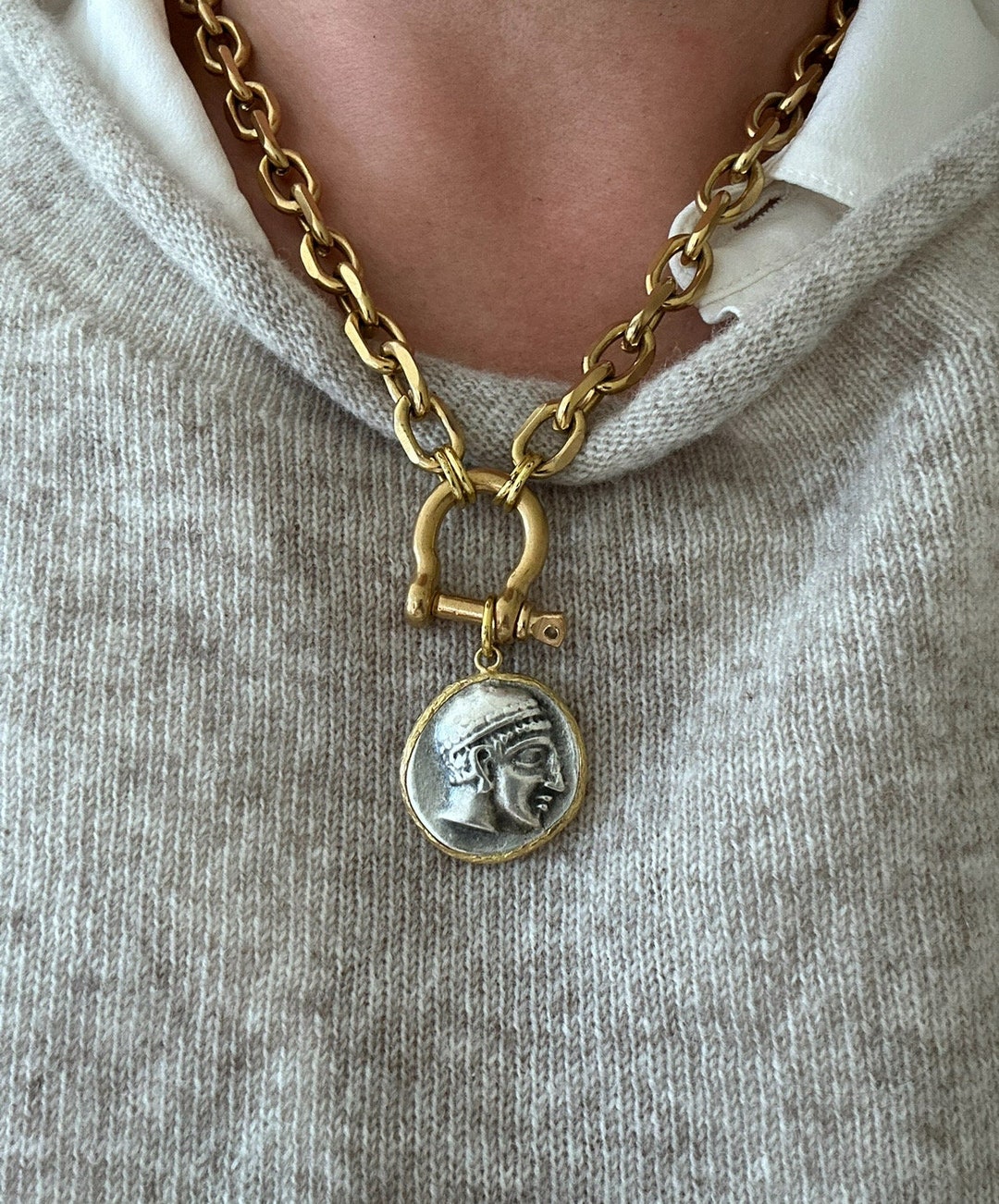 Mixed Metal Ancient Coin Shackle Necklace Statement Replica Coin ...