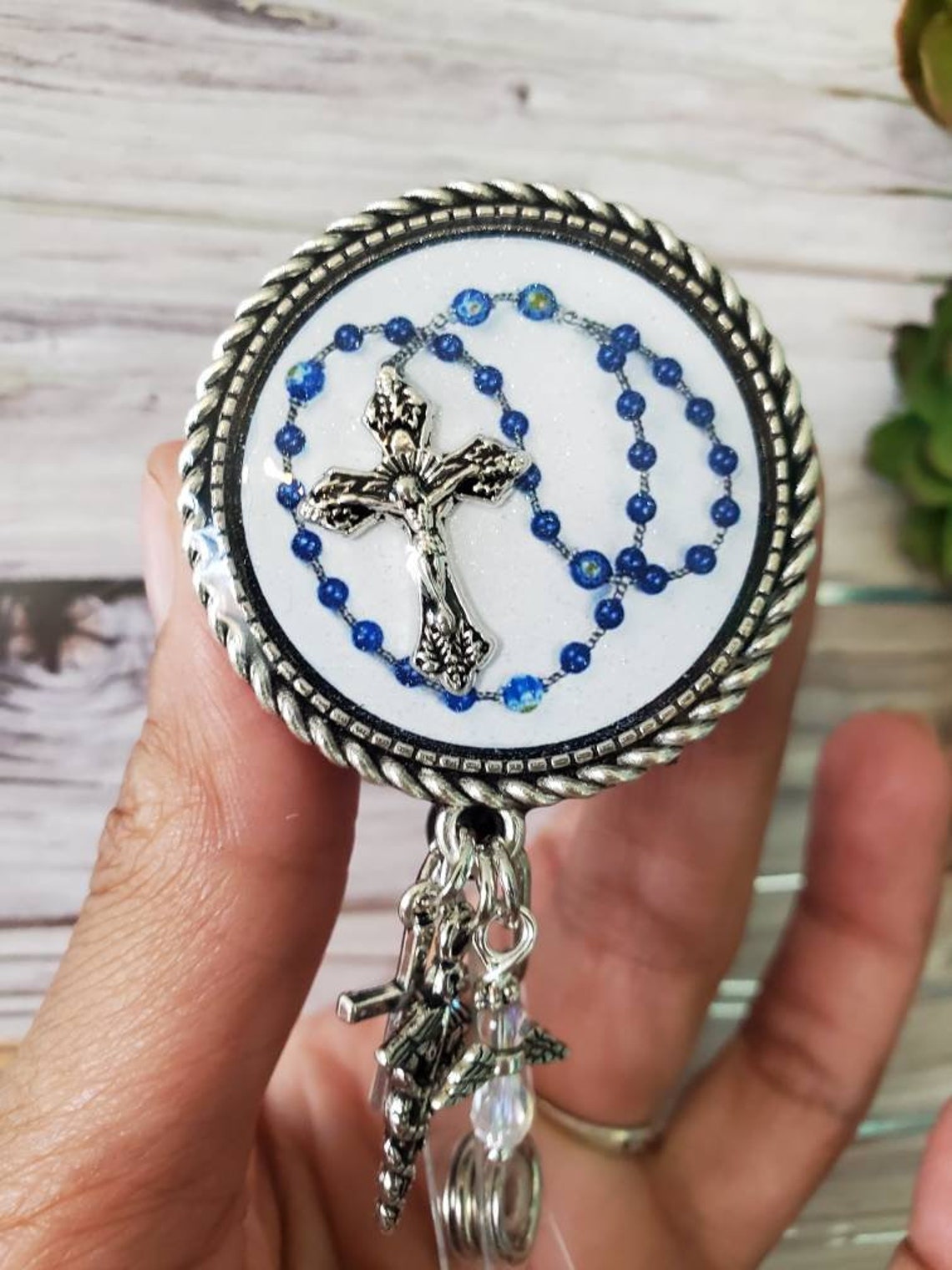 Rosary Badge Reel Holder ID Card Clip Holder Christian Catholic Cross ...