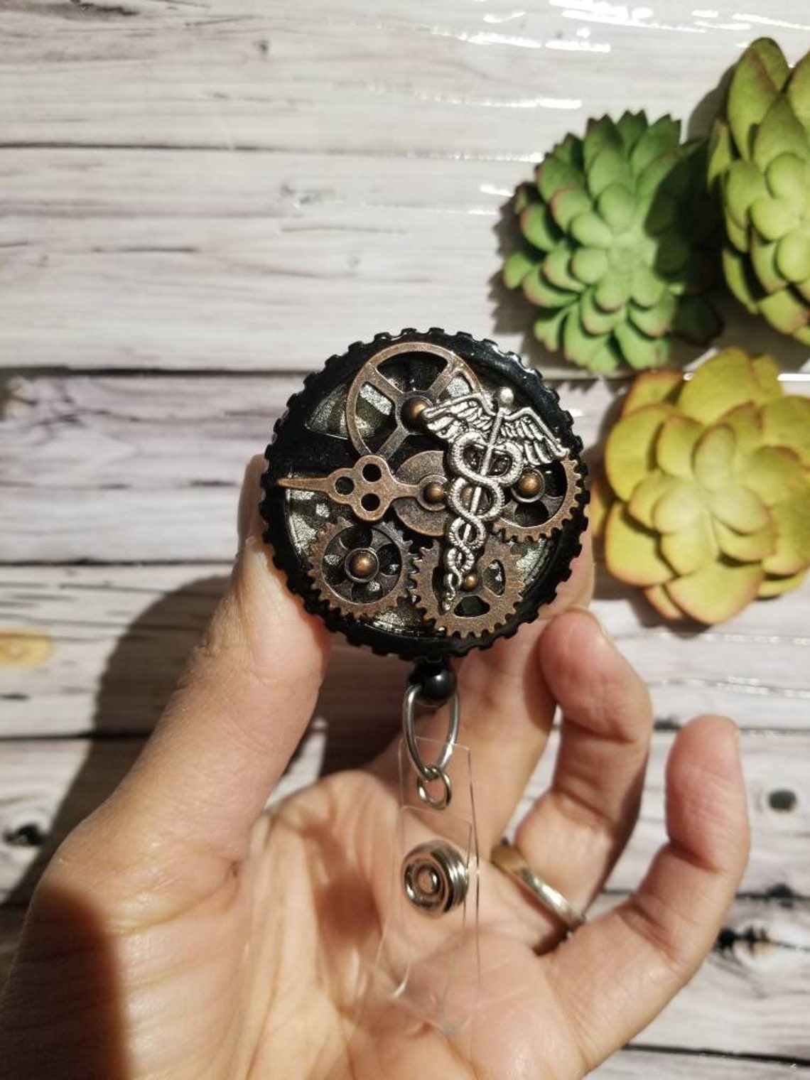 Steampunk Badge Reel Gears Card Holder ID Retractable Steam - Etsy