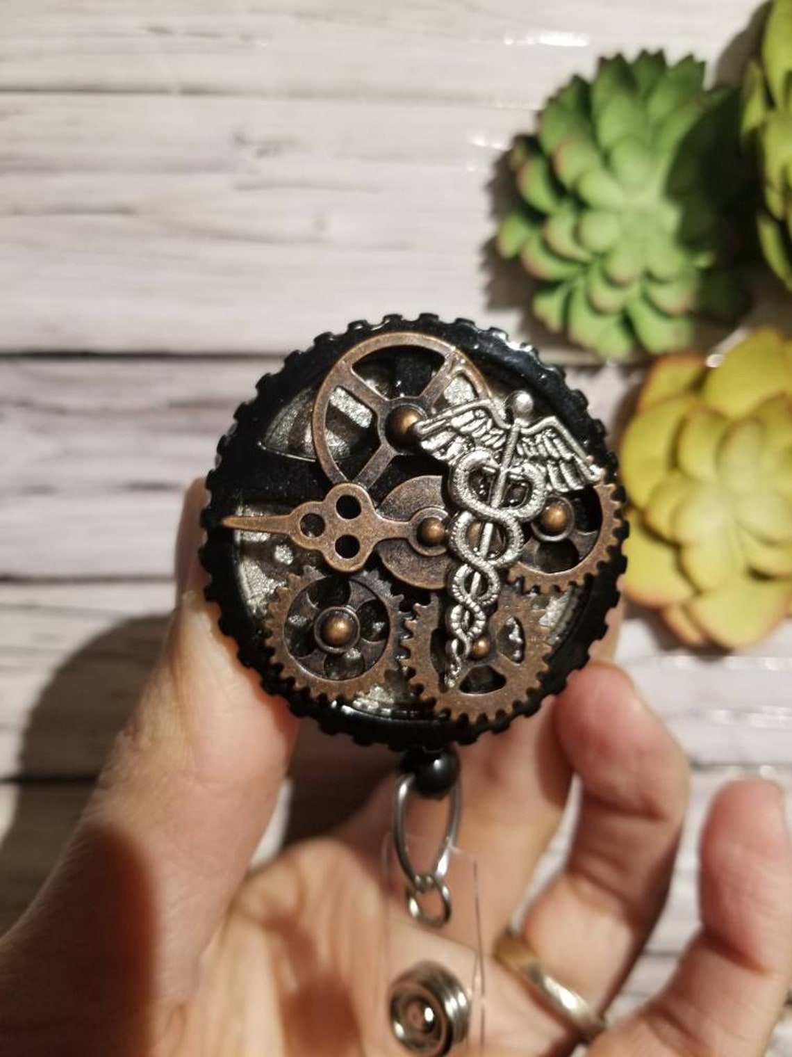 Steampunk Badge Reel Gears Card Holder ID Retractable Steam - Etsy