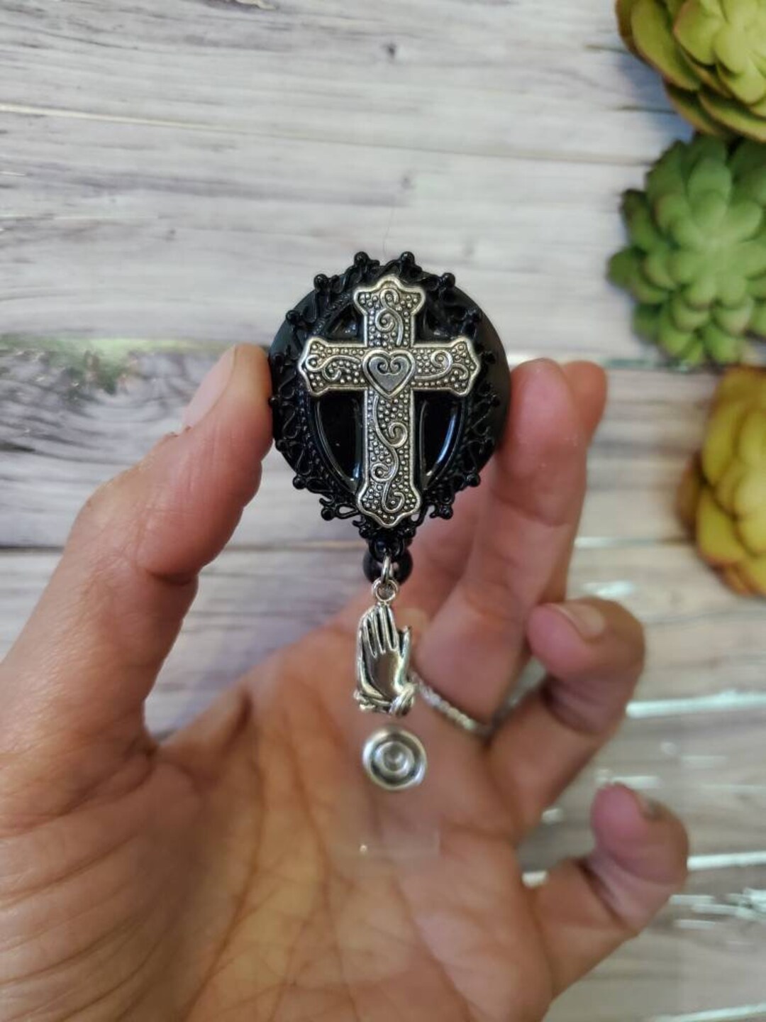 Rosary Badge Reel Holder ID Card Clip Holder Christian Catholic Cross ...