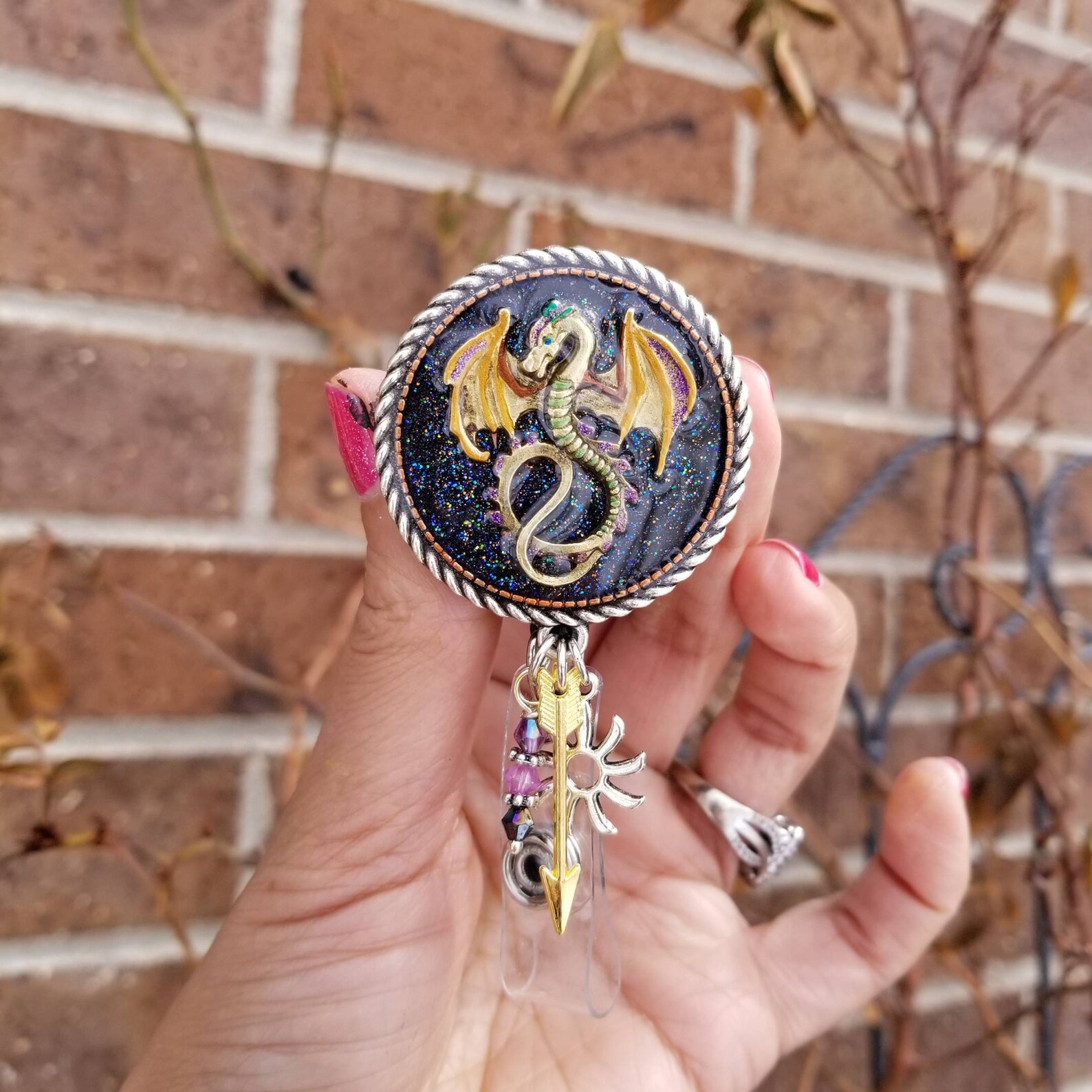 Dragon badge reel holder clip medieval ID name card with reel | Etsy