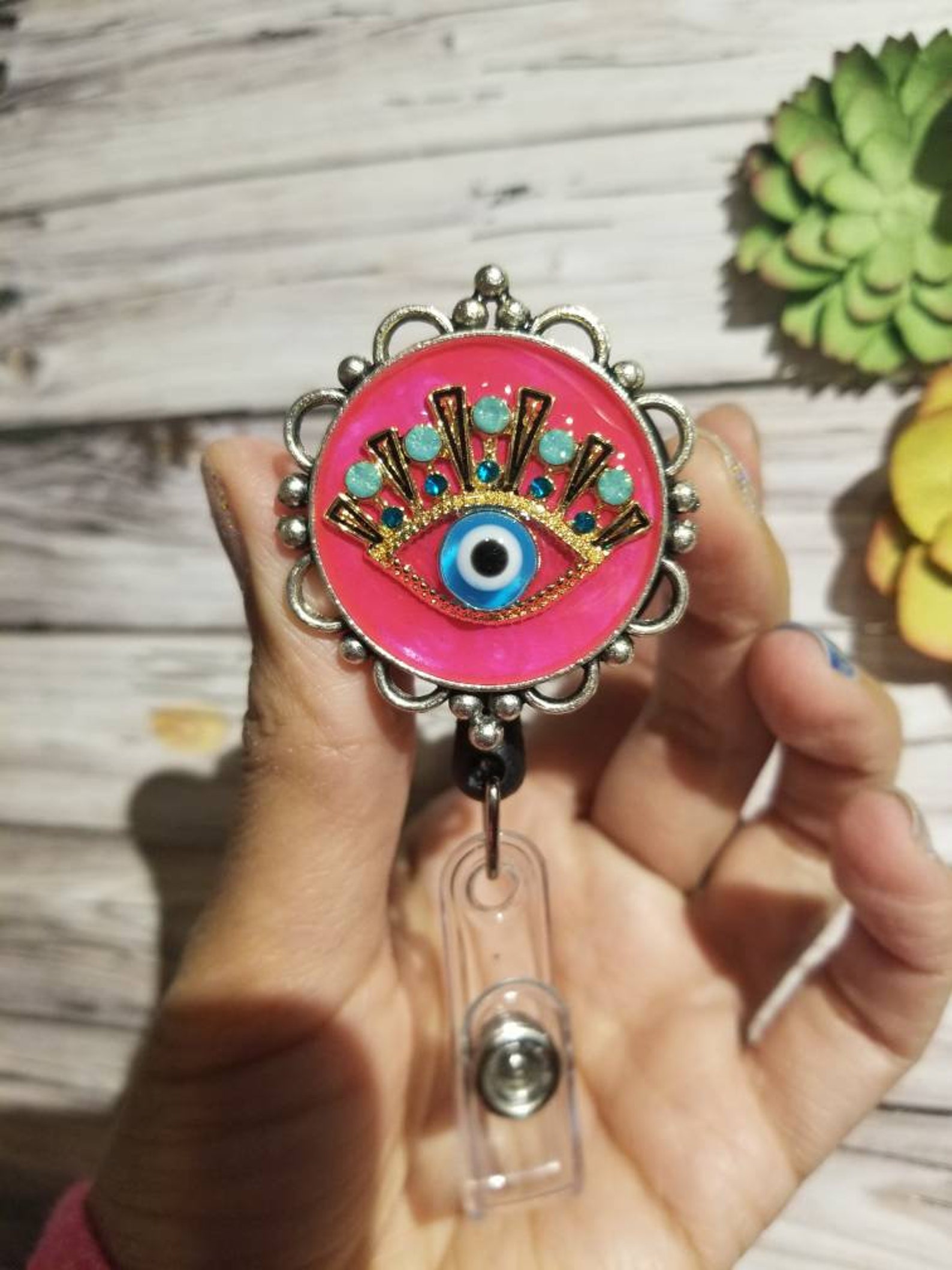 Evil eye badge reel holder clips Hand of Fatima Miriam blue | Etsy