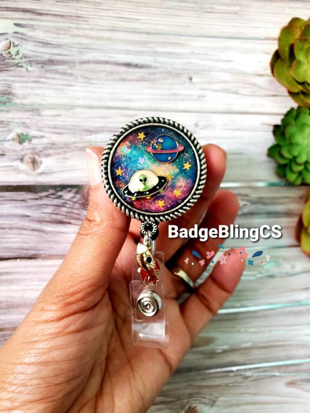 Spaceship Alien Badge Reel Card Holder Clip Nightshift Moon and Stars ...