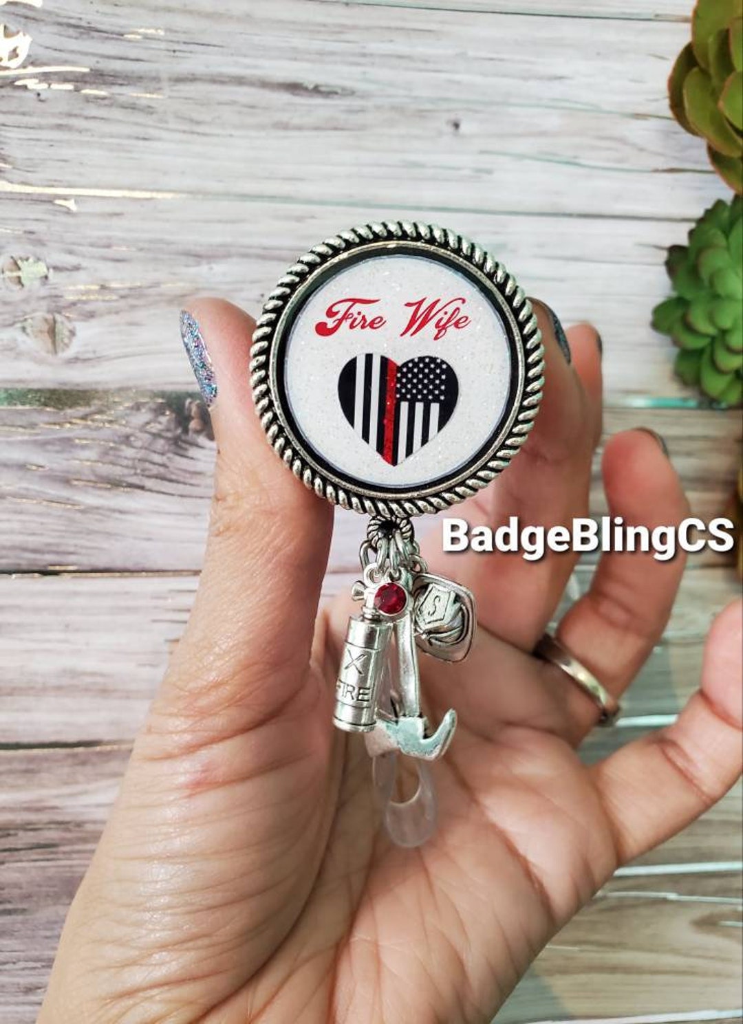 Fire Wife Badge Reel Fireman Fire Department Holder Clip Thin Red Line ...