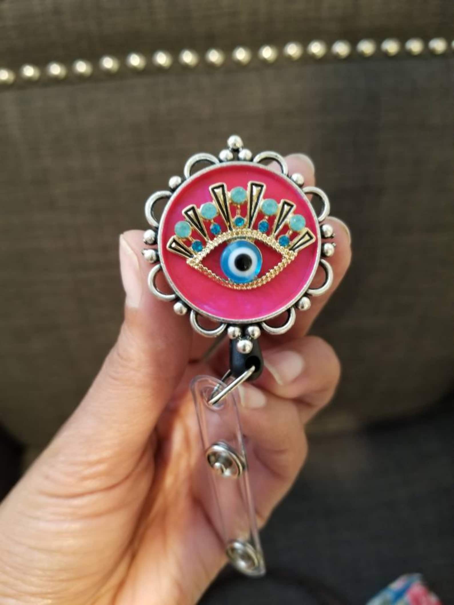 Evil eye badge reel holder clips Hand of Fatima Miriam blue | Etsy