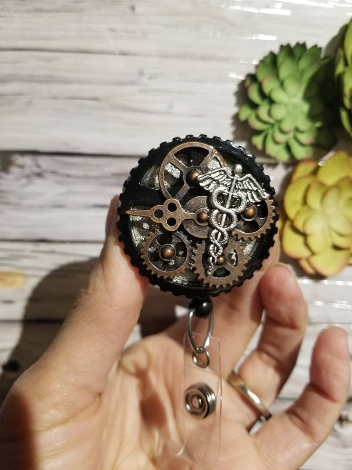 Steampunk Badge Reel Gears Card Holder ID Retractable Steam - Etsy