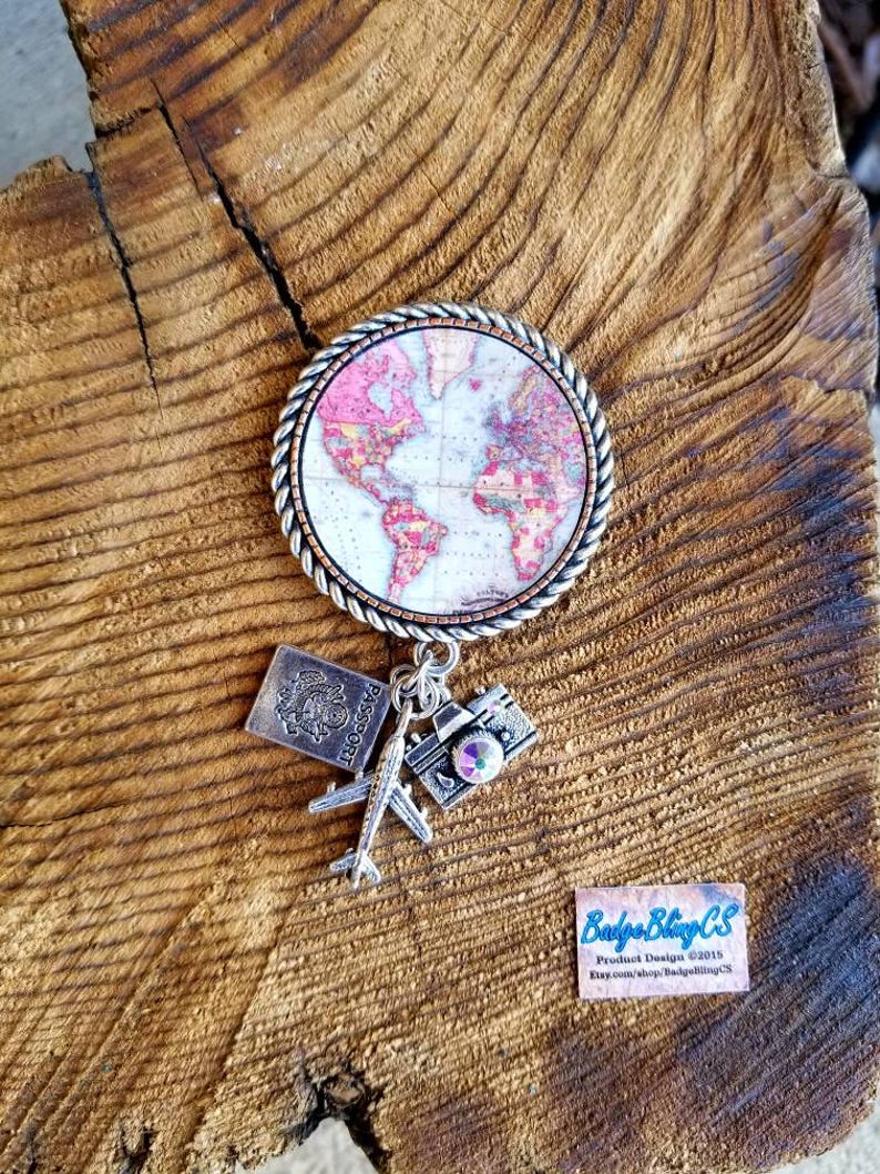 Antique World Map Globe Retractable ID Badge Reel Clip Travel Card ...