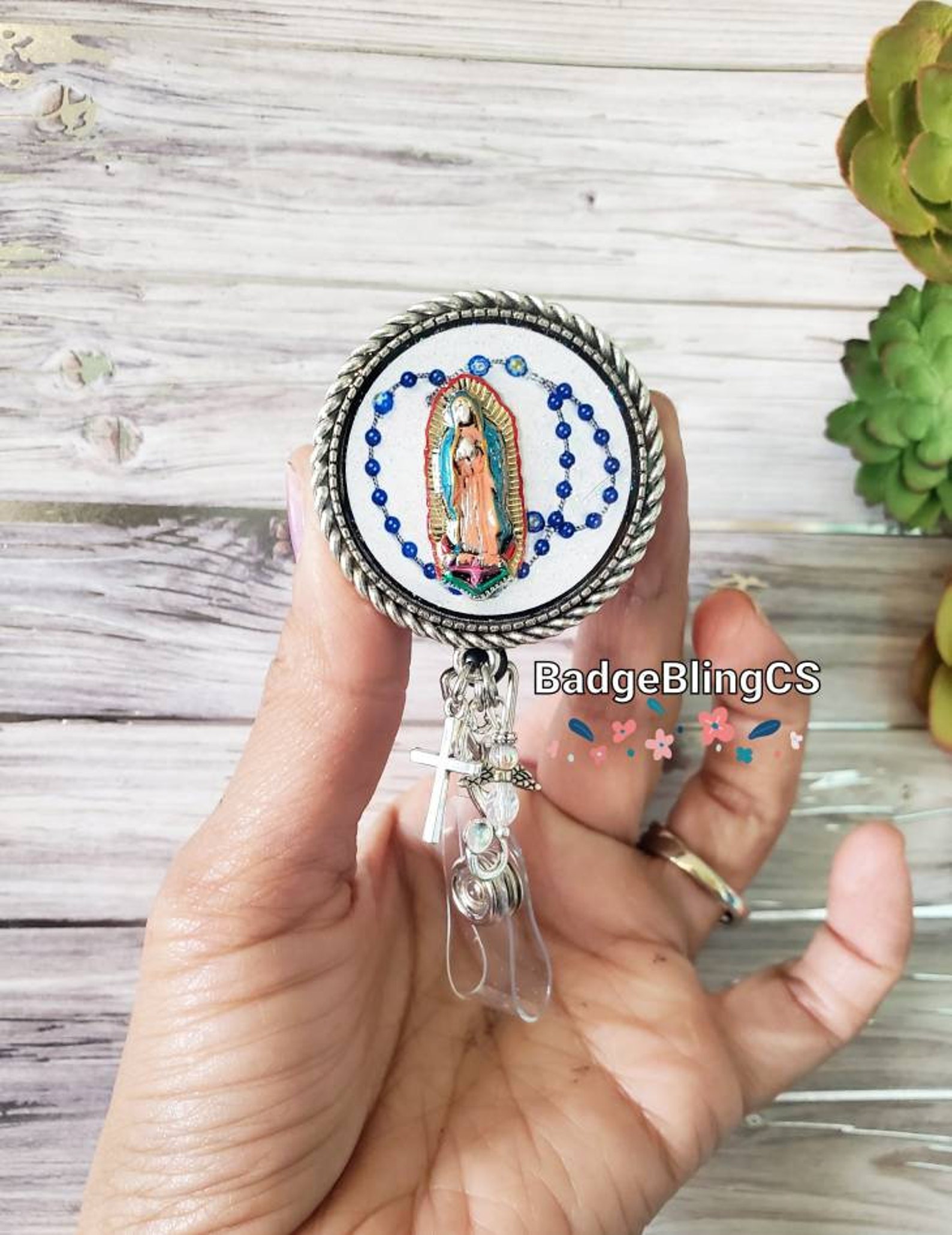 Rosary Religious Virgin Mary Badge Reel Holder Christian Catholic Cross ...
