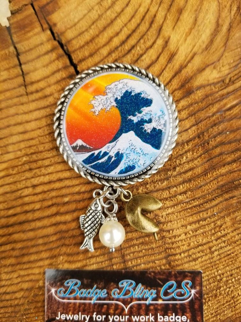 Great Wave Badge Holder Reel Clip Pearl Charm Make Great Waves - Etsy
