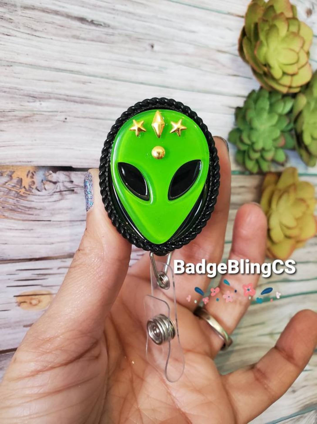 Alien Badge Reel Retractable Clip Quirky Galaxy Stars Geek UFO ...