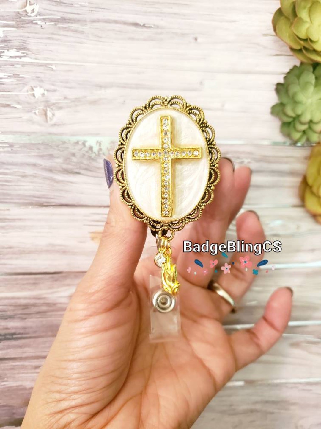 Gold Cross Badge Reel Holder Clip Christian Gifts Catholic Religious ...