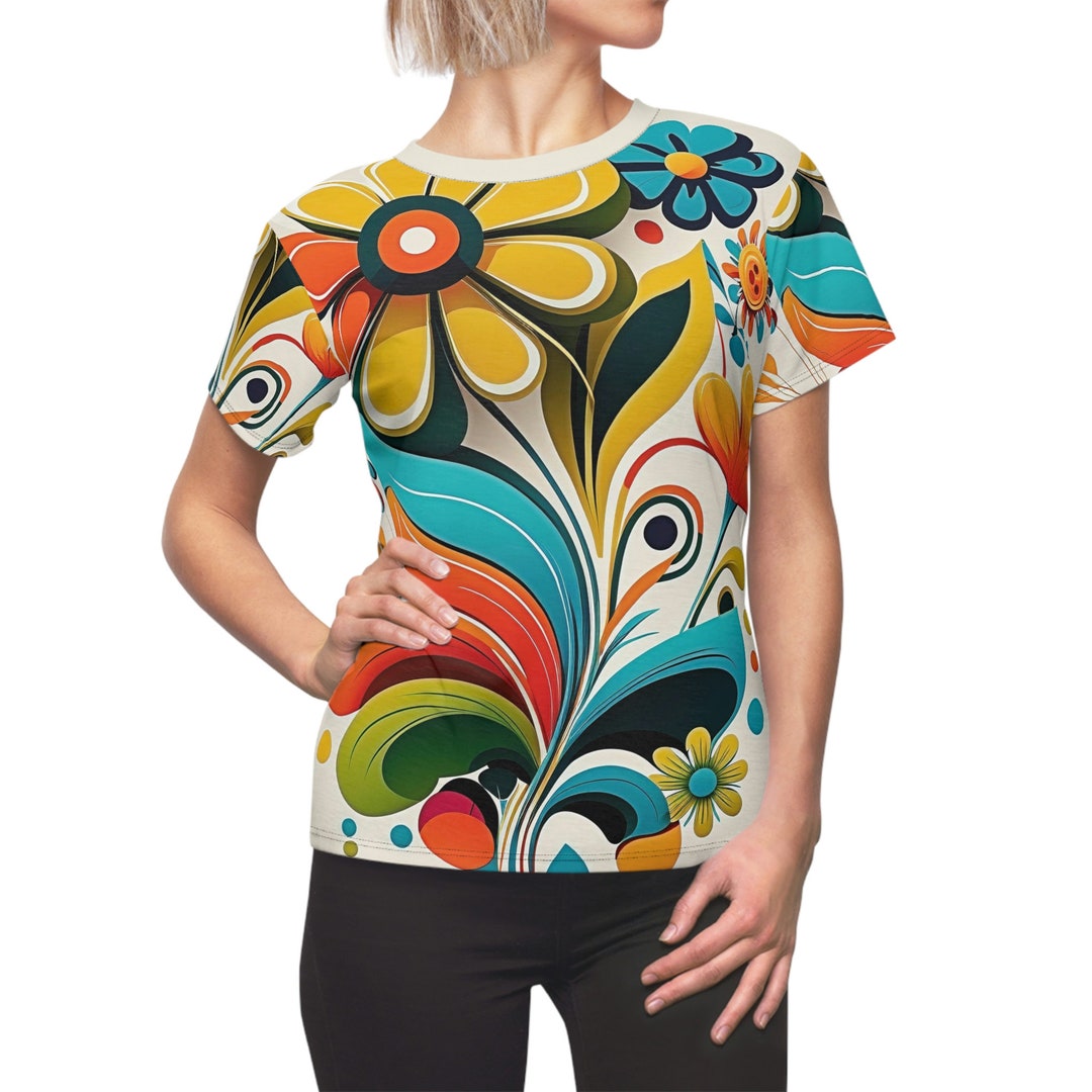 Retro Print Tee, 60s 70s Style Print Top, Yellow Orange Blue Retro ...