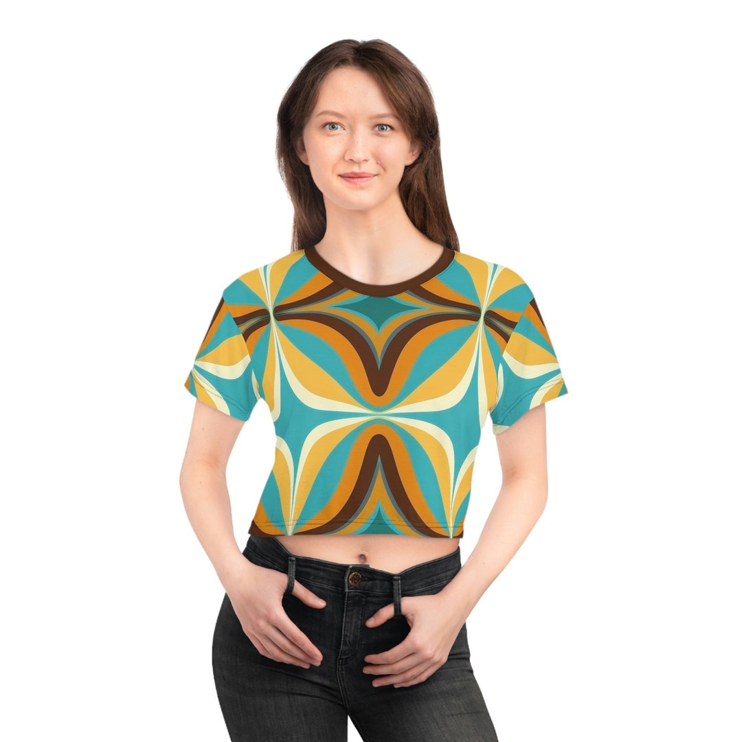 Retro Crop Top, 60s 70s Style Crop Tee, Greenish Blue Brown Yellow ...