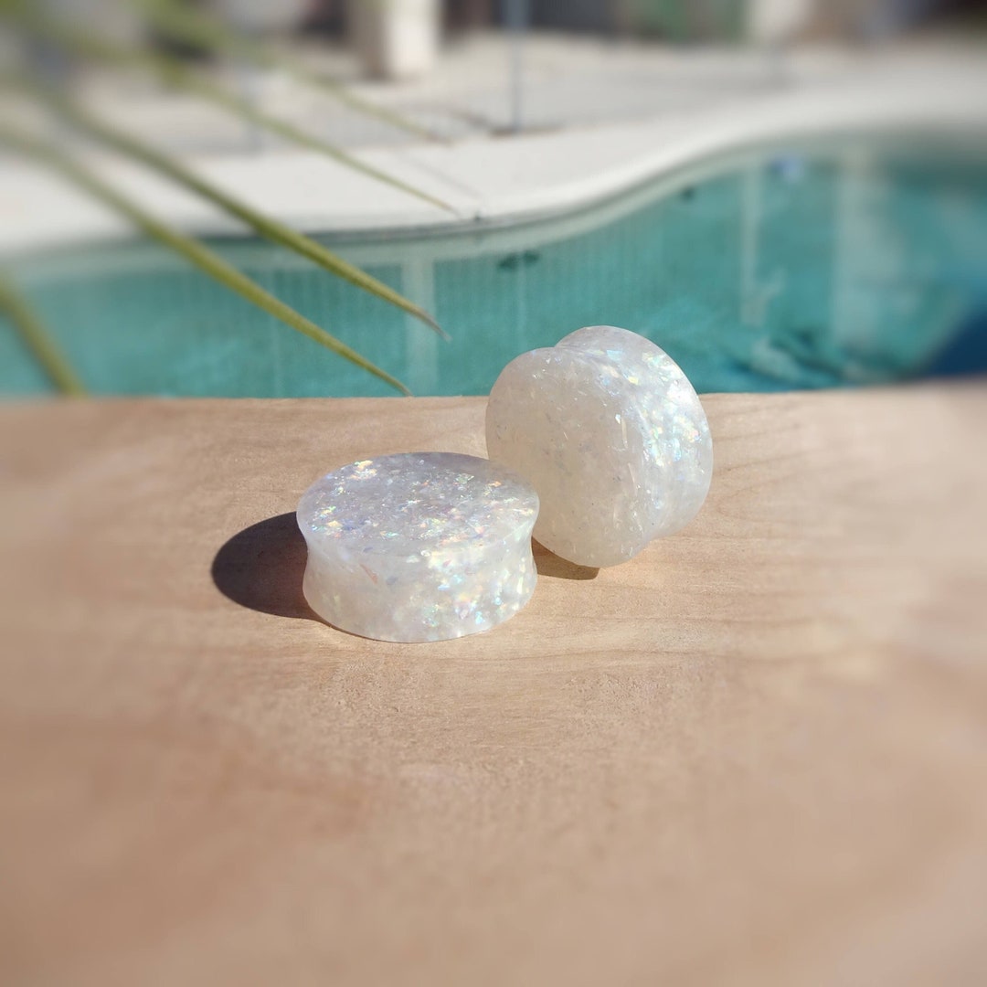 White Holographic Glitter and Resin Ear Plugs - Ear Gauges - Gift for ...