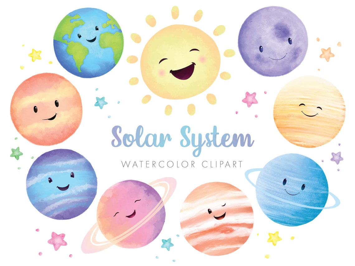 Solar System Watercolor Clipart | Colorful Planets and Stars | Cute ...
