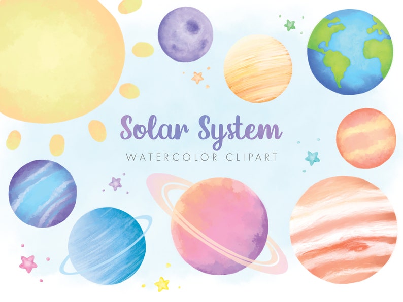 Solar System Watercolor Clipart, Colorful Planets and Stars, Cute Space ...