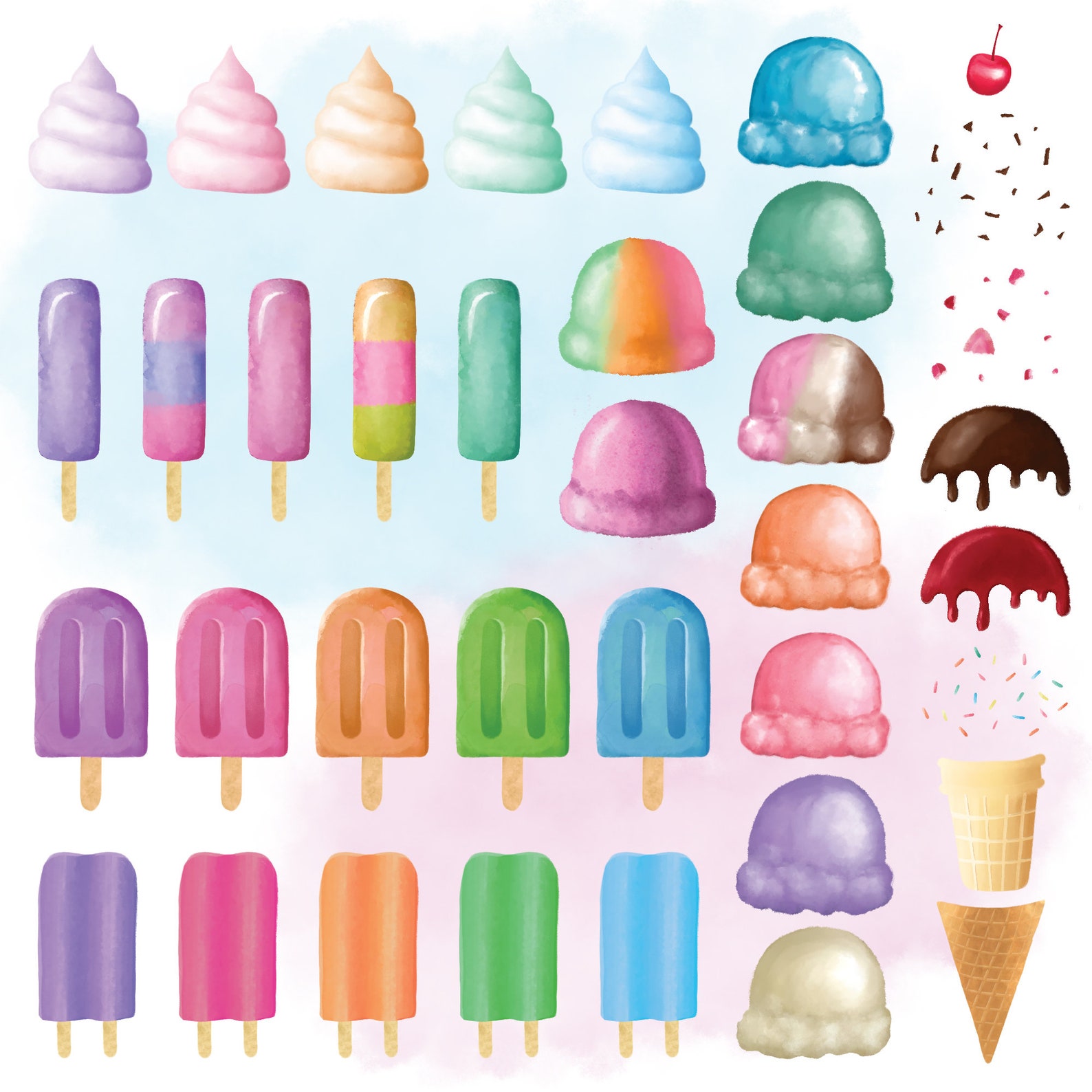 Ice Cream and Popsicle Watercolor Clipart | Colorful Ice Pops | Summer ...