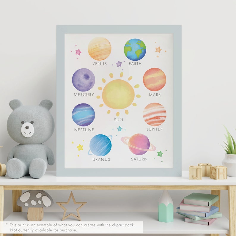 Solar System Watercolor Clipart, Colorful Planets and Stars, Cute Space ...