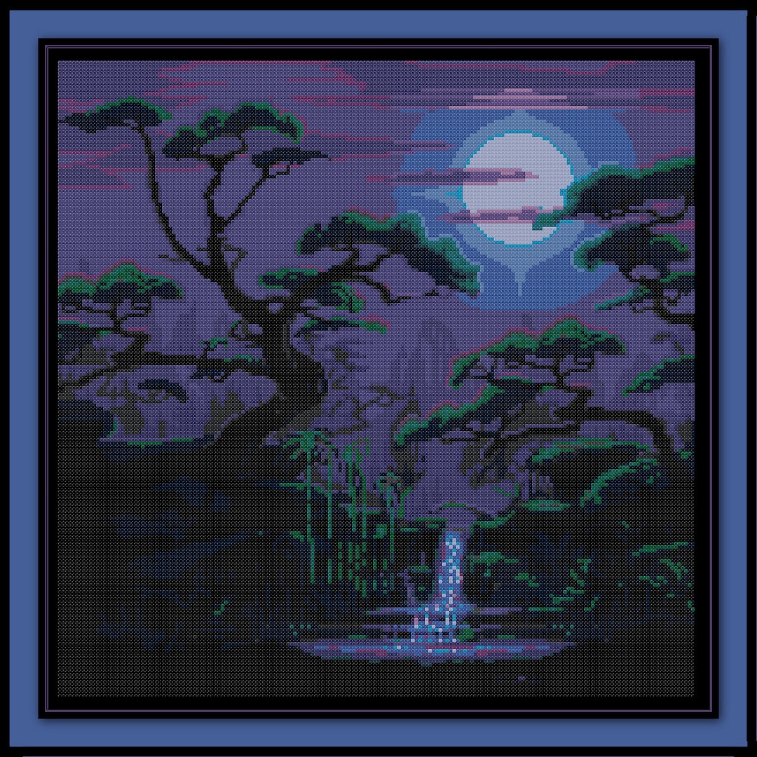 Japanese Moonlit Spring Cross Stitch Pattern Asian River Forest ...