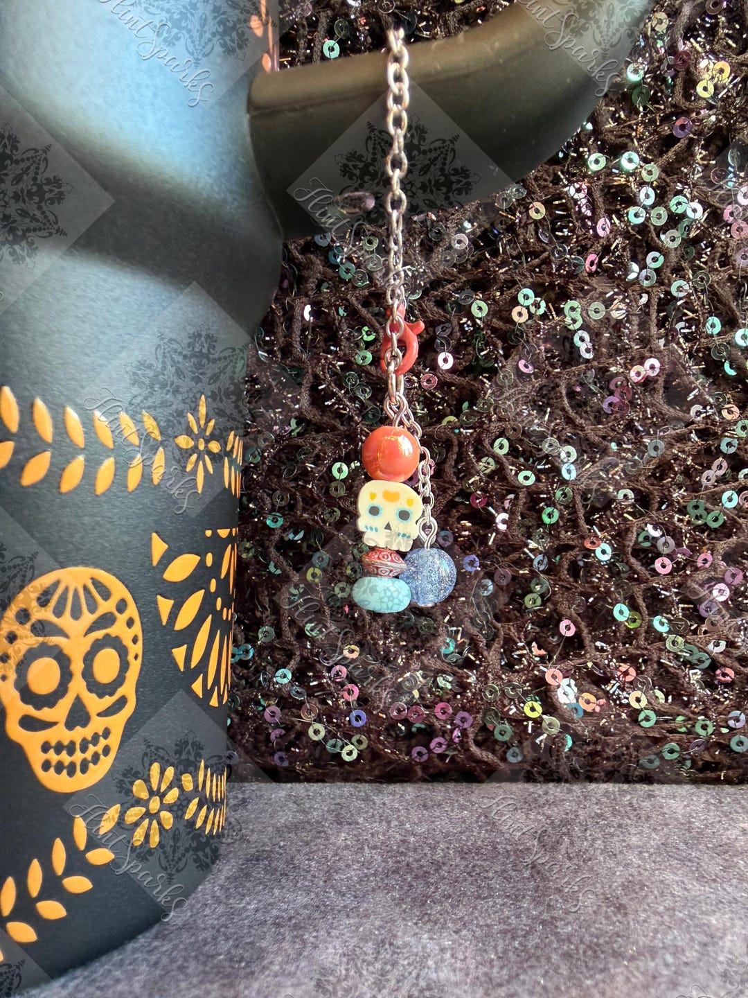 Blue Peach Polymer Clay Sugar Skull Day of the Dead Dia De Los Muertos ...