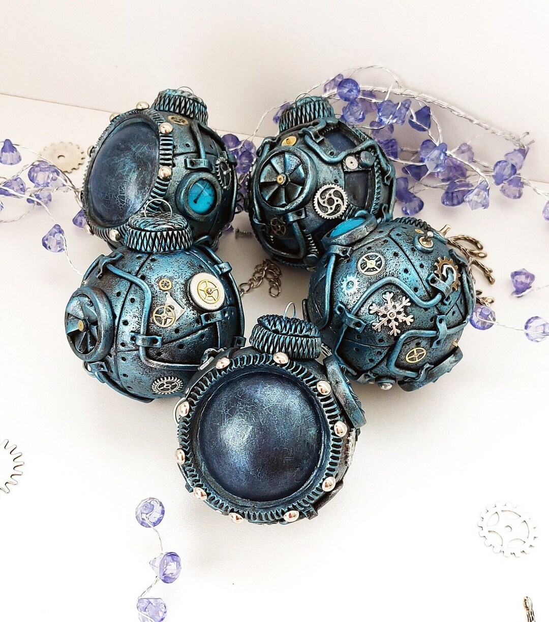 Handmade Steampunk New Year Tree Ornaments. Christmas Blue Glass Balls ...