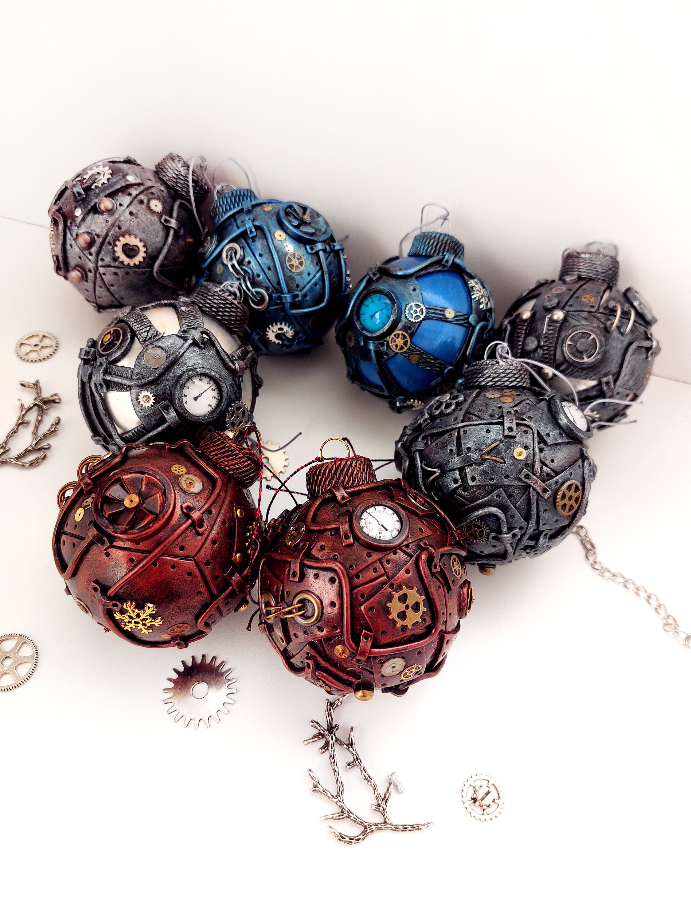 Handmade Steampunk New Year Tree Ornaments. Christmas Mix Metallic ...