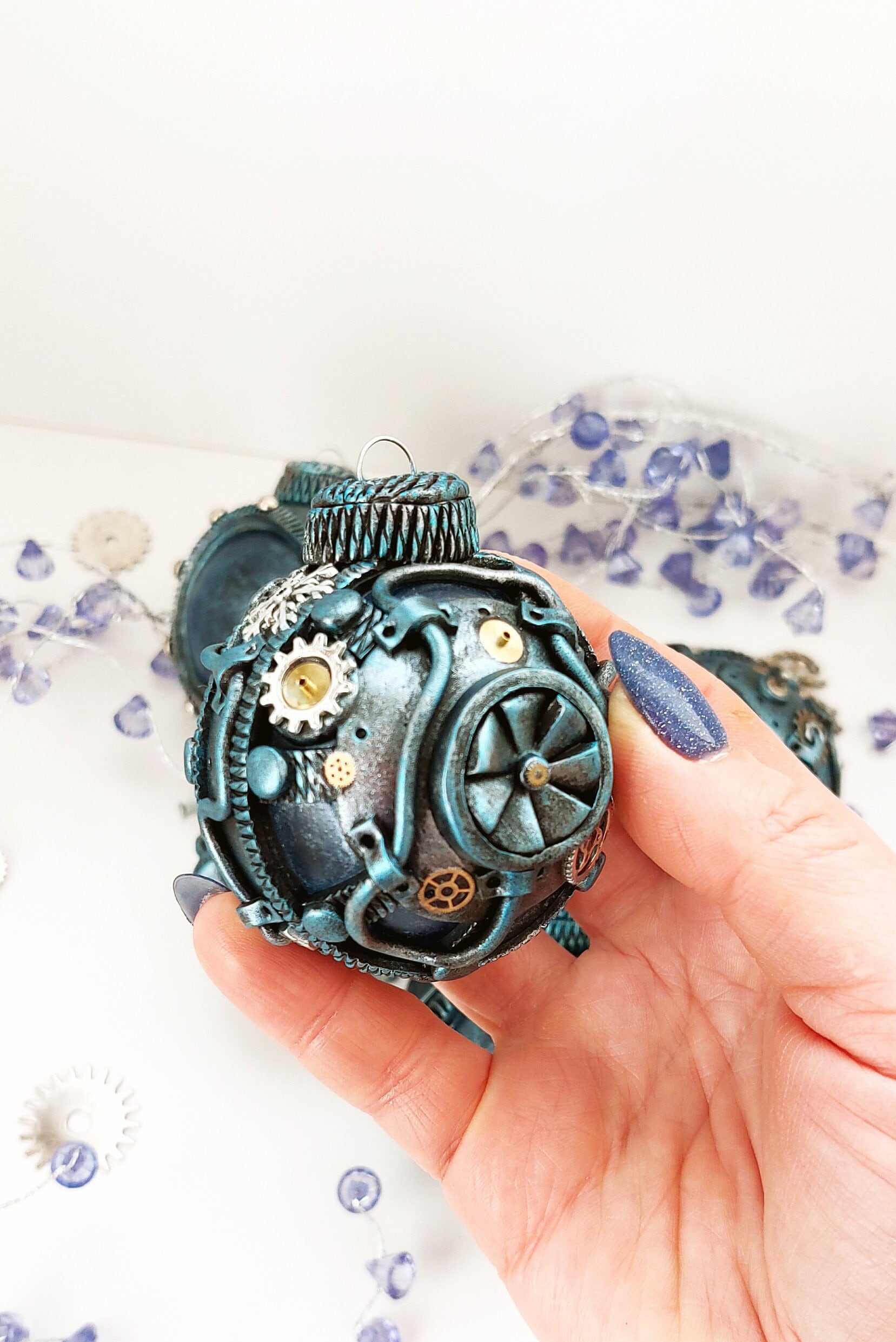 Handmade Steampunk New Year Tree Ornaments. Christmas Blue Glass Balls ...