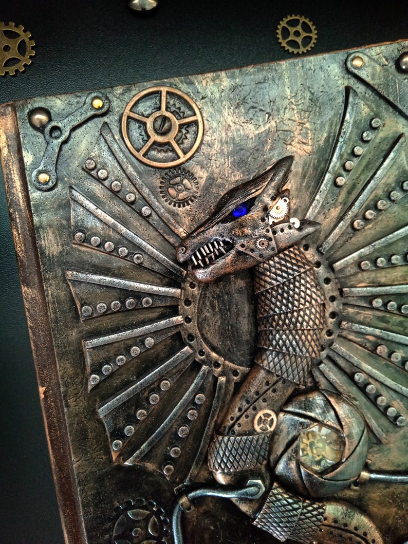 Steampunk Clay Journal Cover Steel Dragon. Handmade Notebook Spellbook ...
