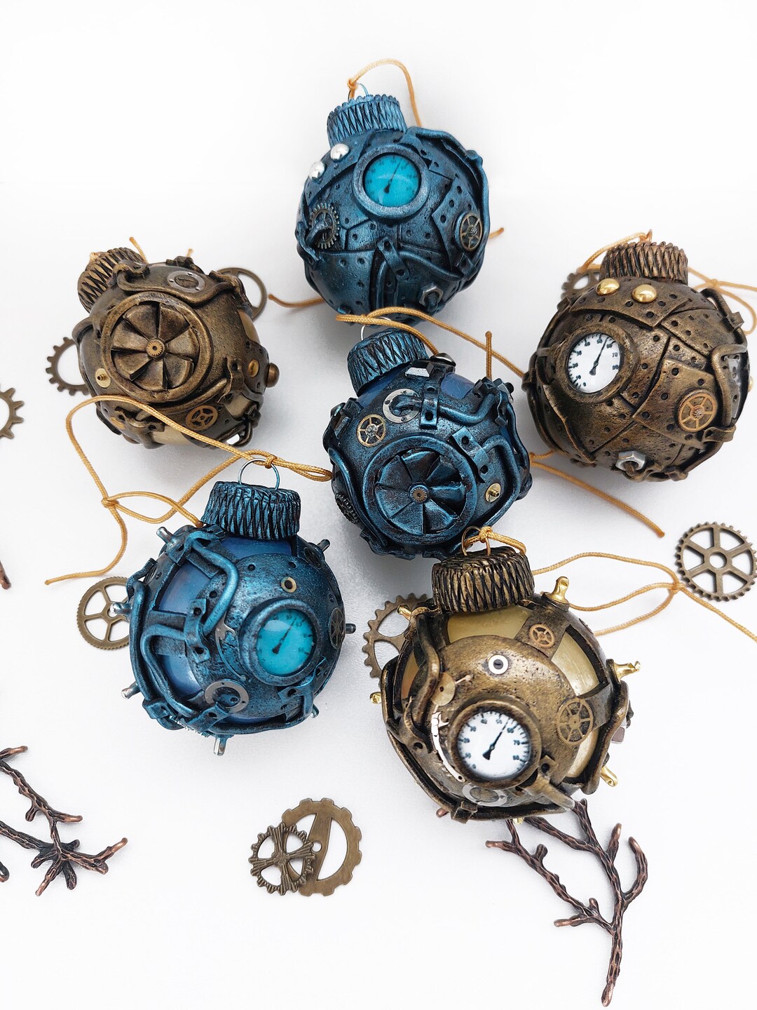 Handmade Steampunk Christmas Ornaments: Gold & Blue Glass Balls, Set of ...