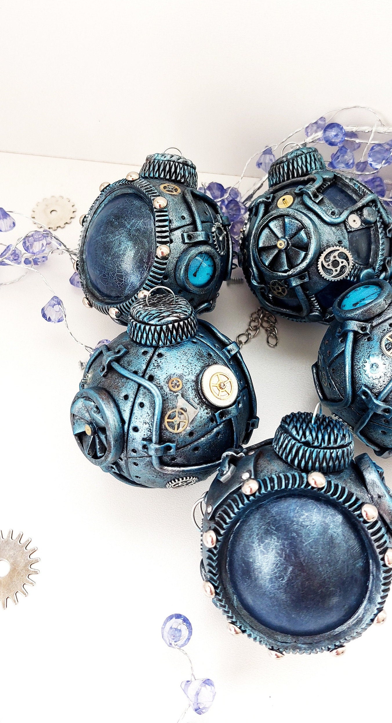 Handmade Steampunk New Year Tree Ornaments. Christmas Blue Glass Balls ...